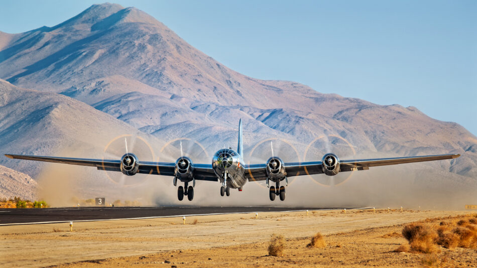 B-29 DOC returning to Inyokern and bringing P-51 Gunfighter